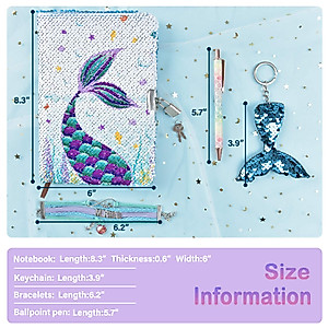 WERNNSAI Mermaid Diary for Girls with Lock - Kids Journals Set Sequins Unique Mermaid Gift for Girls ages 6-8, Travel School Office Notebook Notepad A5 Diary with Ballpoint Pen Bracelet Key-chain