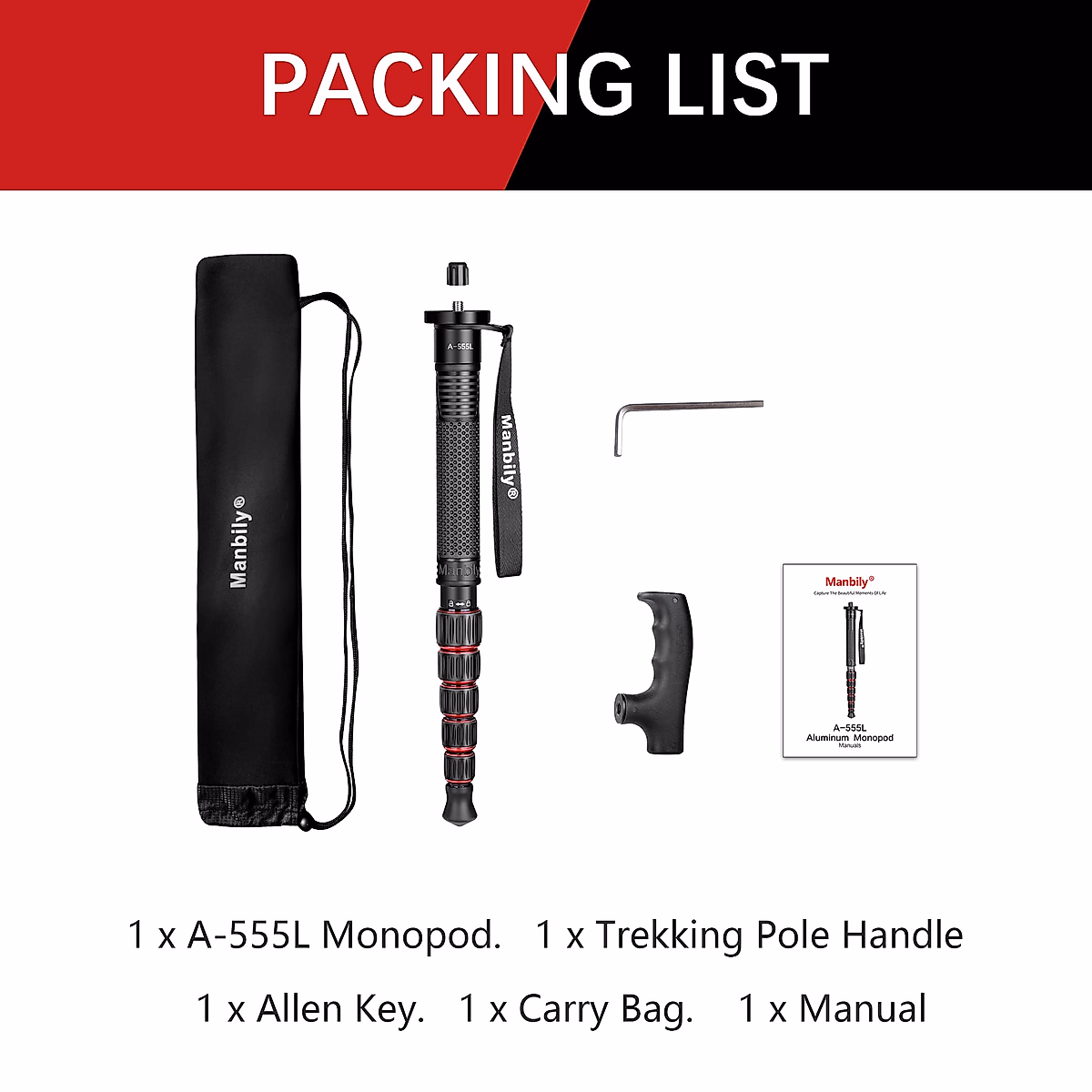 Manbily Camera Monopod Aluminum Portable Compact Lightweight Travel Monopod with Carrying Bag Walking Stick Handle,for DSLR Canon Nikon Sony Video Camcorder,6 Sections up to 61-in (A-555L)