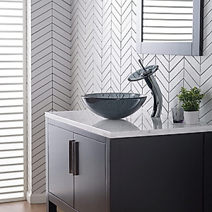 Single Lever Vessel Glass Waterfall Bathroom Faucet Chrome with Black Frosted Glass Disk and Matching Pop Up Drain