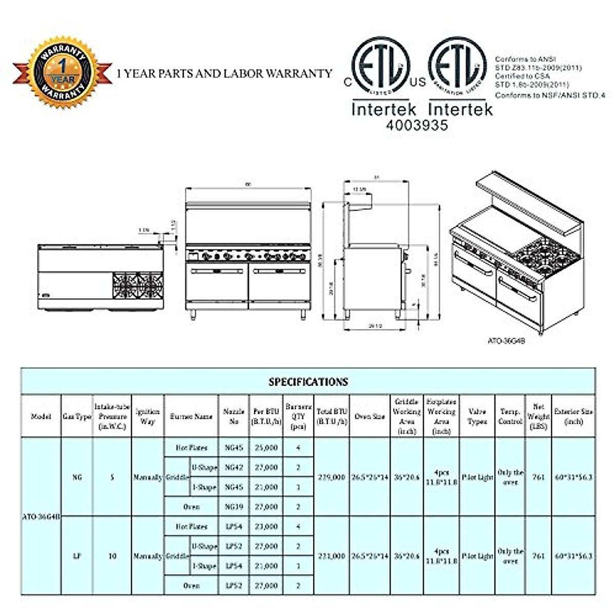 CookRite Commercial Natural Gas Range 4 Burner Hotplates With 36 Manual Griddle 2 Standard Ovens 60'' Restaurant Range - 229,000 BTU