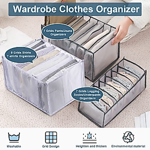 KesaPlan 3Pcs Wardrobe Clothes Organizer, 7/7/9 Grids Visible Foldable Closet Organizers, Compartment Storage Box with Mesh Separation, Washable Drawer Dividers Organizers (Pants+T-Shirt+Legging)
