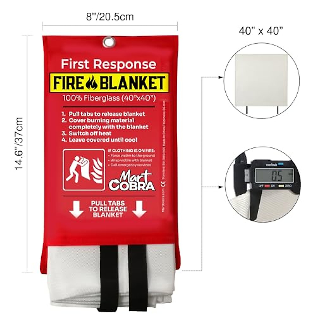 Mart Cobra Fire Blanket for Home Safety x1 Emergency Fire Blanket for Kitchen Fiberglass Fire Blankets Fireproof Blanket House Fire Safety Flame Retardant Fabric Home Safety Tarp Grease Spray