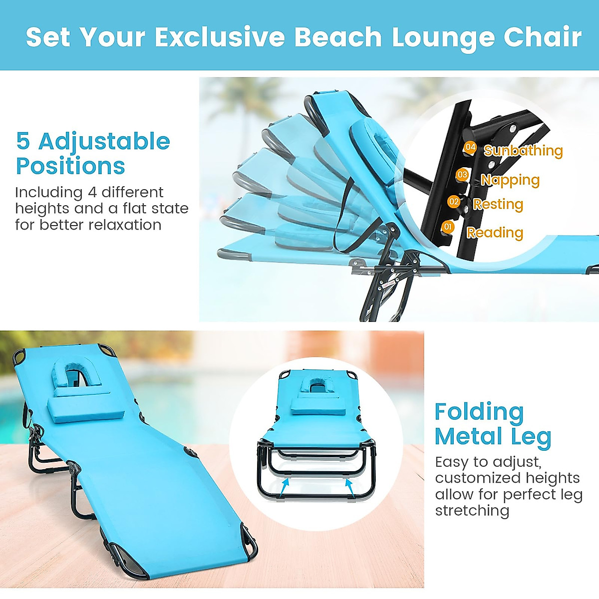 Giantex Chaise Folding Chair Adjustable Beach Patio Lounge Recliner, Turquoise