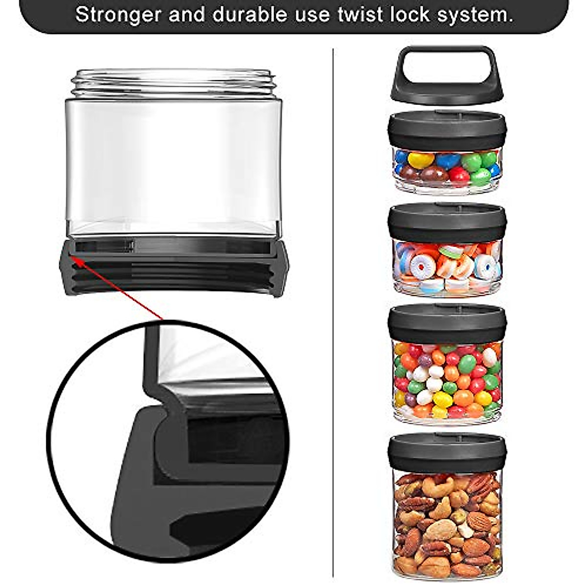 SELEWARE Stackable Snack Jars, Twist Lock Stackable Containers Set, Food Storage Travel Container for Storing Milk Protein Powder Snacks, BPA Free, 4-Piece for 1 Pack (Black, Total 31oz)