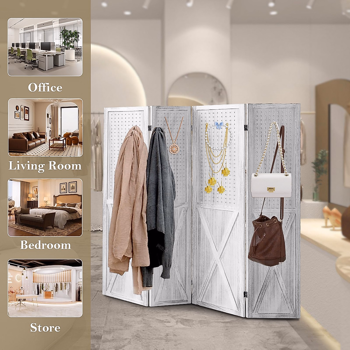 Leesinwing 4 Panel Pegboard Display, 5.6Ft Wood Room Dividers and Folding Privacy Screens, Peg Board Room Divider, Portable Display Board Organizer for Art, Jewelry, Crafts Display Racks, Off White