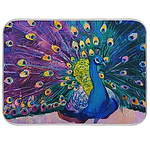 Painting Beautiful Peacock Animal Dish Drying Mat 24"x18" Absorbent Machine Washable Hanging Fast Dry Pad Dish Protective Mat for Kitchen Countertop Heat Resistant Dinner Table Mat