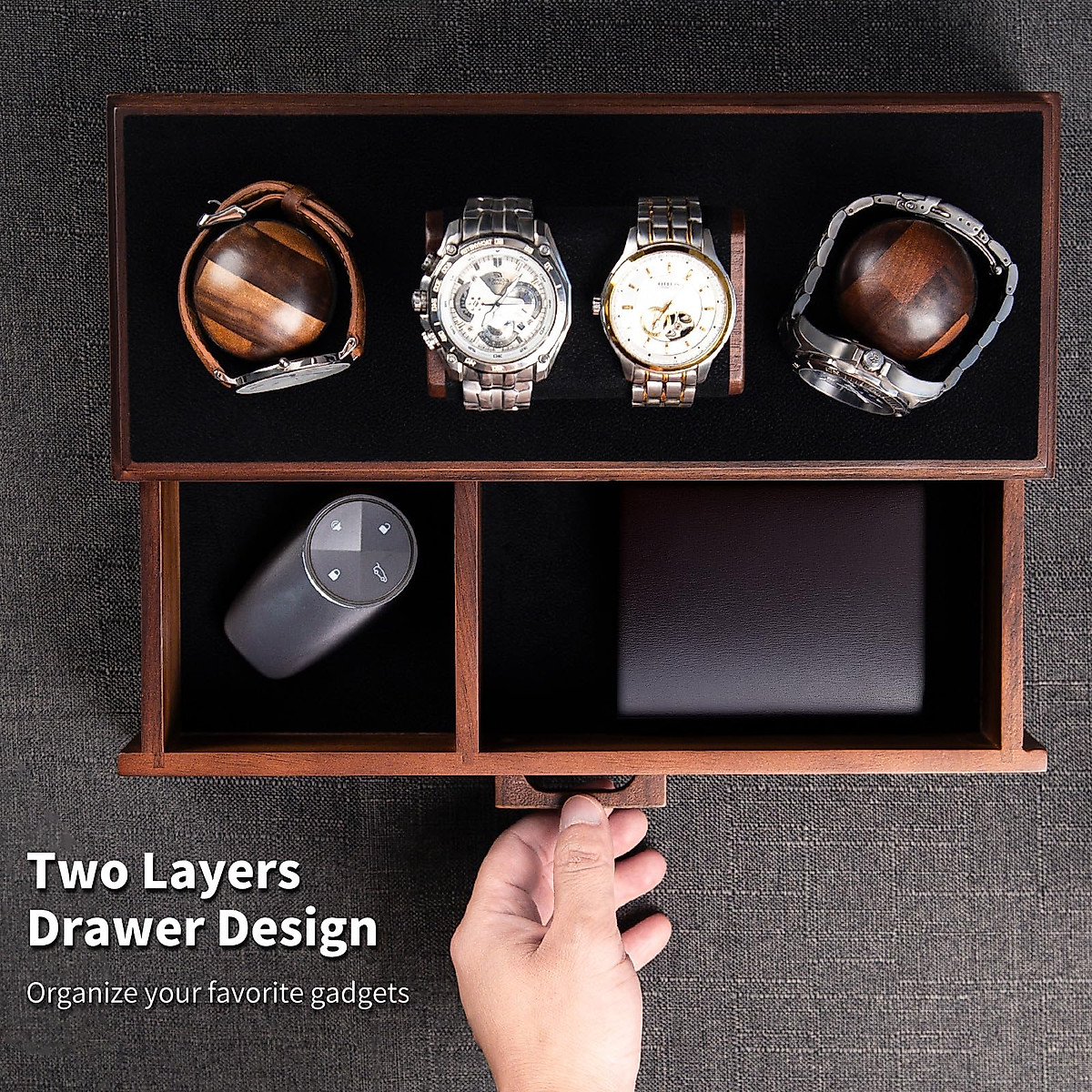 LOCDION Mens Watch Case Jewelry Box, Walnut Wood Watch Box Organizer with Drawer, Wooden Watch Holder Organizer for Men, Ideal Watch Display Case Gift for Father Husband Fiance Man Gifts for Father