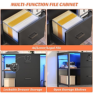 Hyomdeck 47" Lateral File Cabinet with Power Outlet and LED Light, Filing Cabinet with Printer Stand fits Legal/Letter Size, 2 Drawer File Cabinets for Home Office with Lock,Black
