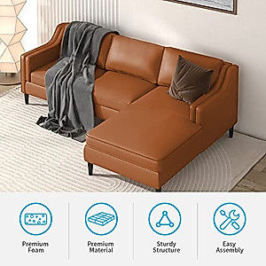Mjkone Leather Sectional Sofa Couch, Luxurious Sectional Couches for Living Room, L Shaped Couch Sofas with Optional Right Facing Style/Unique Stress Design/Easy to Assemble (Cognac Tan)
