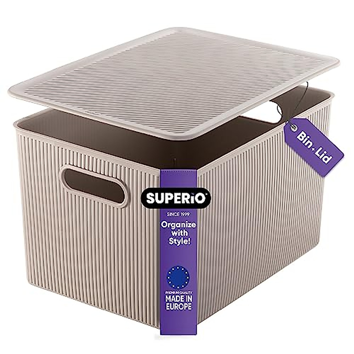 Superio Ribbed Collection - Decorative Plastic Lidded Home Storage Bins Organizer Baskets, X-Large Taupe (1 Pack - 22 Liter) Stackable Container Box, for Organizing Closet Shelves Drawer Shelf