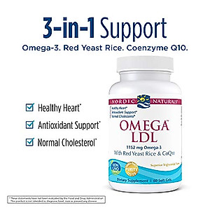 Nordic Naturals Omega LDL, Lemon - 60 Soft Gels - 1152 mg Omega-3 + Red Yeast Rice & CoQ10 - Heart Health, Normal Cholesterol, Antioxidant Support - EPA & DHA - Non-GMO - 20 Servings
