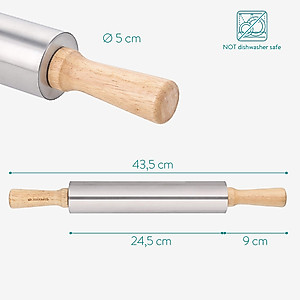 Navaris Stainless Steel Rolling Pin - 17" Non Stick Metal Roller with Wood Handles for Baking, Cooking, Cookies, Biscuits, Pizzas, Dough, Pastry