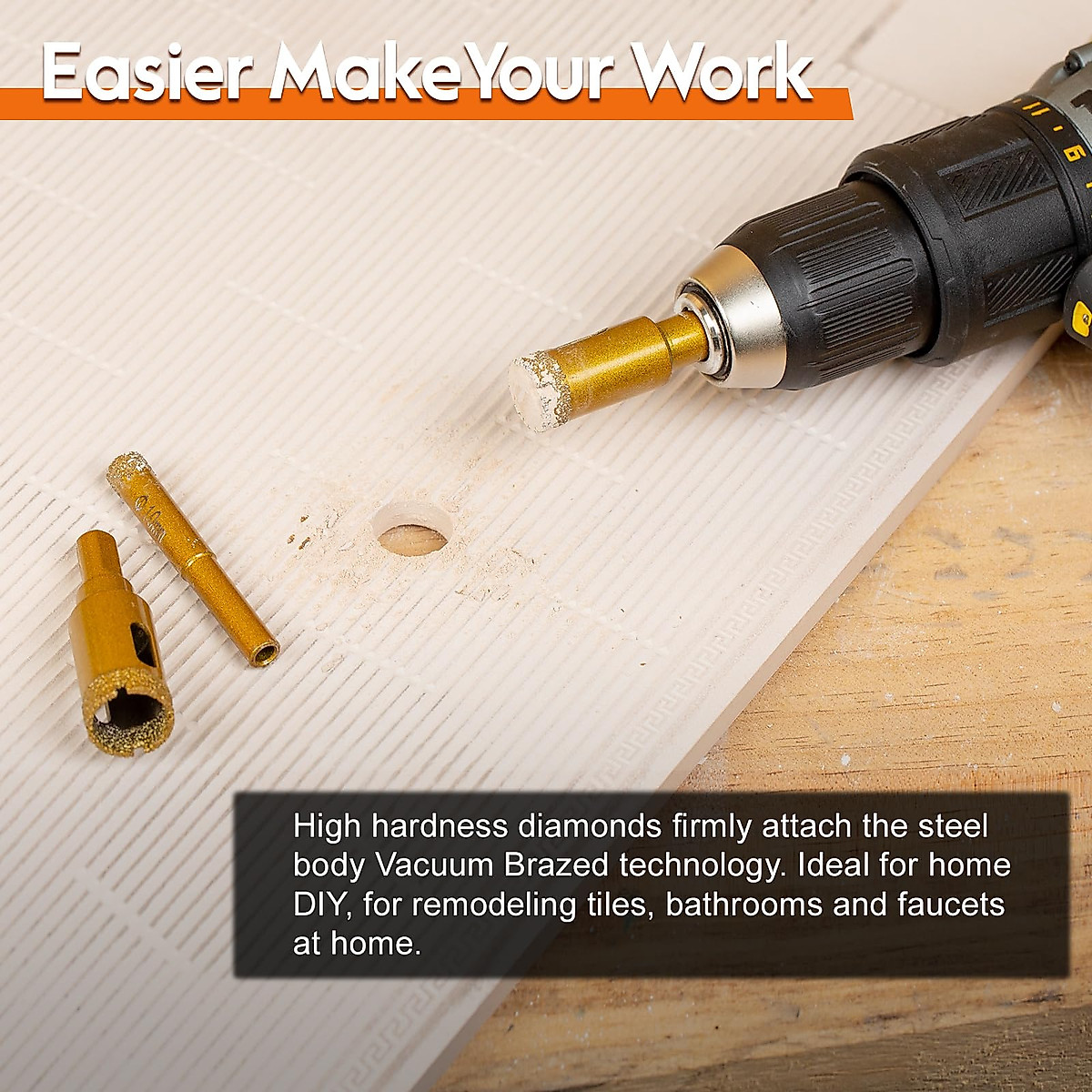 THINKWORK Diamond Drill Bits, Dry/Wet Brazing Hollow Drill Hole Saw Kit, 12 PCS Tile Opener (1/4"-2”) with Double Suction Cups Hole Saw Guide Jig, Suitable for Glass, Ceramic, Tile, Marble, Porcelain