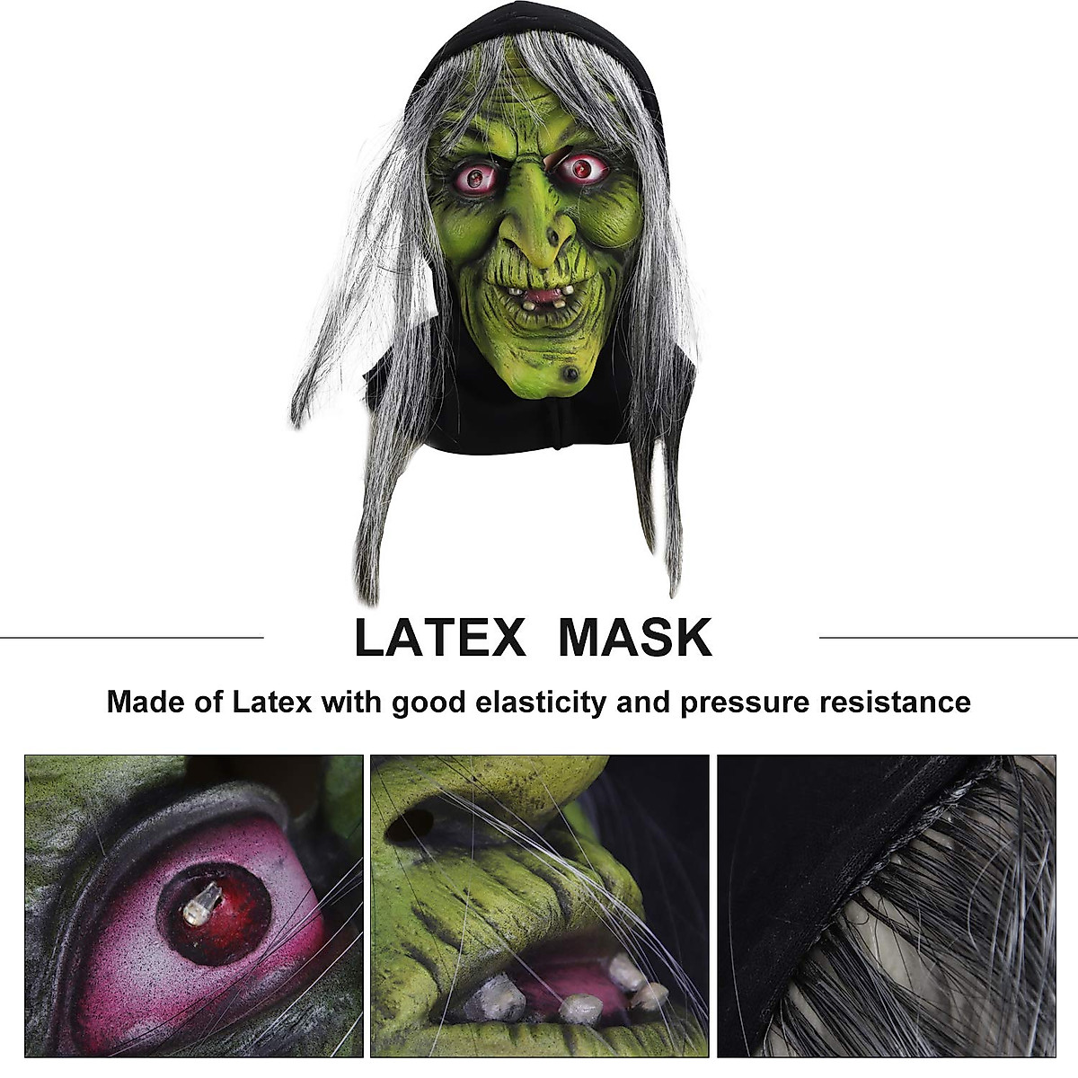 MOLEZU Halloween Witch Mask Scary Evil Costume Head Masks Creepy Adult Party Cosplay Props (LED-Green)