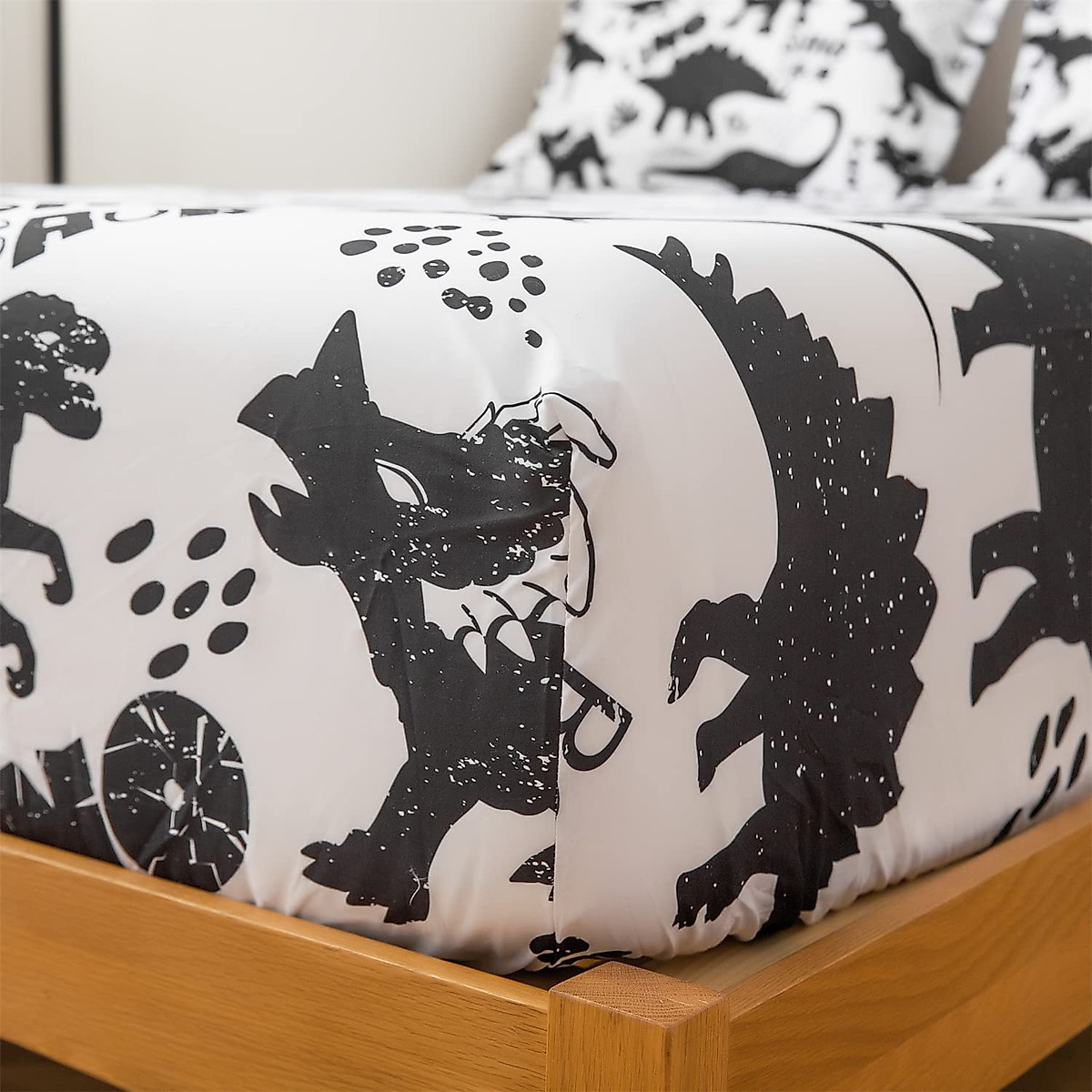 lishjekee Dinosaur Bed Sheets Twin Boys Dino Sheet Set Kids Jungle Bedding Set 3Pieces Black and White T-Rex Bed Sheet Set with 1 Pillowcase 1 Flat Sheet 1 Fitted Sheet