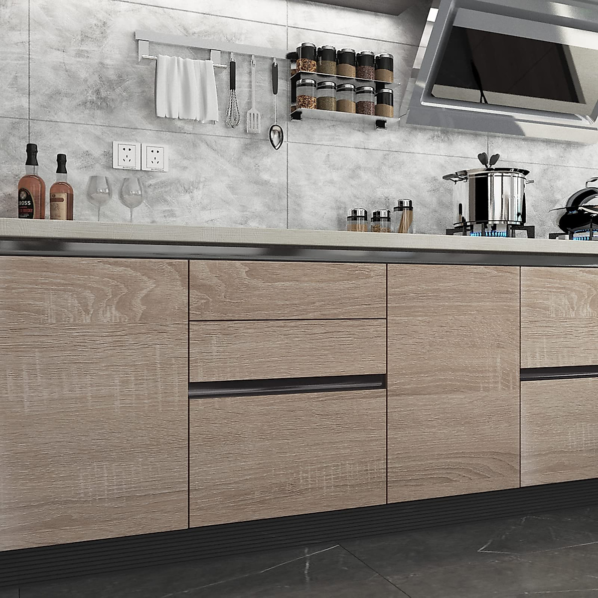 Boobest Light Brown Wood Wallpaper Peel and Stick Wood Grain Contact Paper Waterproof Removable Kitchen Cabinet Wallpaper 15.74"x 118" Wood Vinyl Wrap Cabinet Covers Oak Grey Wood Look Contact Paper