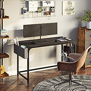 Rolanstar Computer Desk with Power Outlet, 47” Home Office PC Desk with USB Ports Charging Station, Desktop Table with Side Storage Bag and Iron Hooks, Stable Metal Frame Workstation, Black