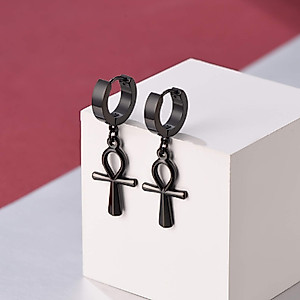 FaithHeart Ladies Stainless Steel Ankh Cross Dangle Hinged Hoop Earrings, Women Hoop Huggie Earrings Egyptian Cross Drop Dangle Earrings-Black
