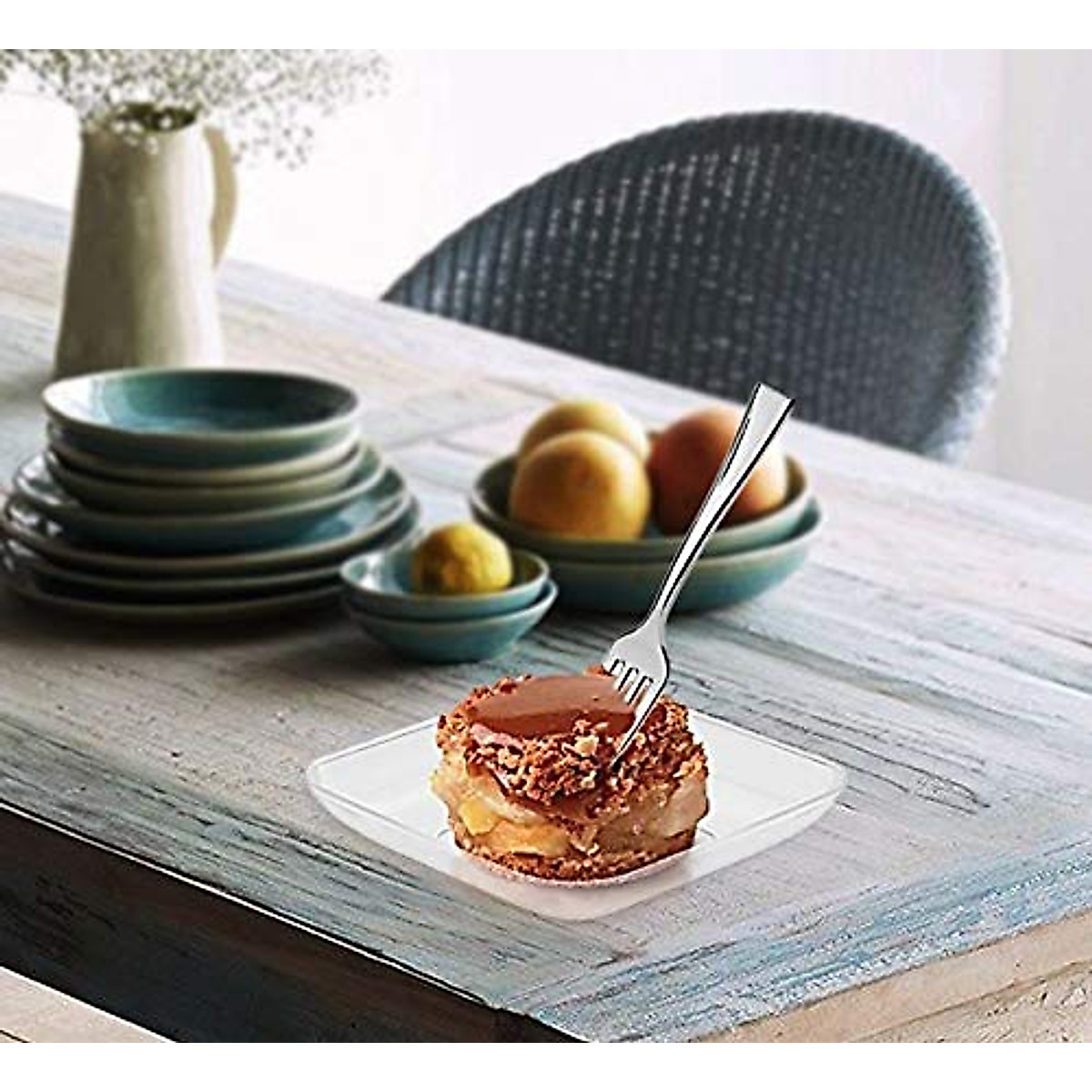 40 2.5" Mini Square Dessert Plates And 50 4" Mini Silver Tasting Forks. 90 Piece Tasting Sampling Dessert Appetizer Set. Disposable Plastic Hors D'oeuvres Combo Set.