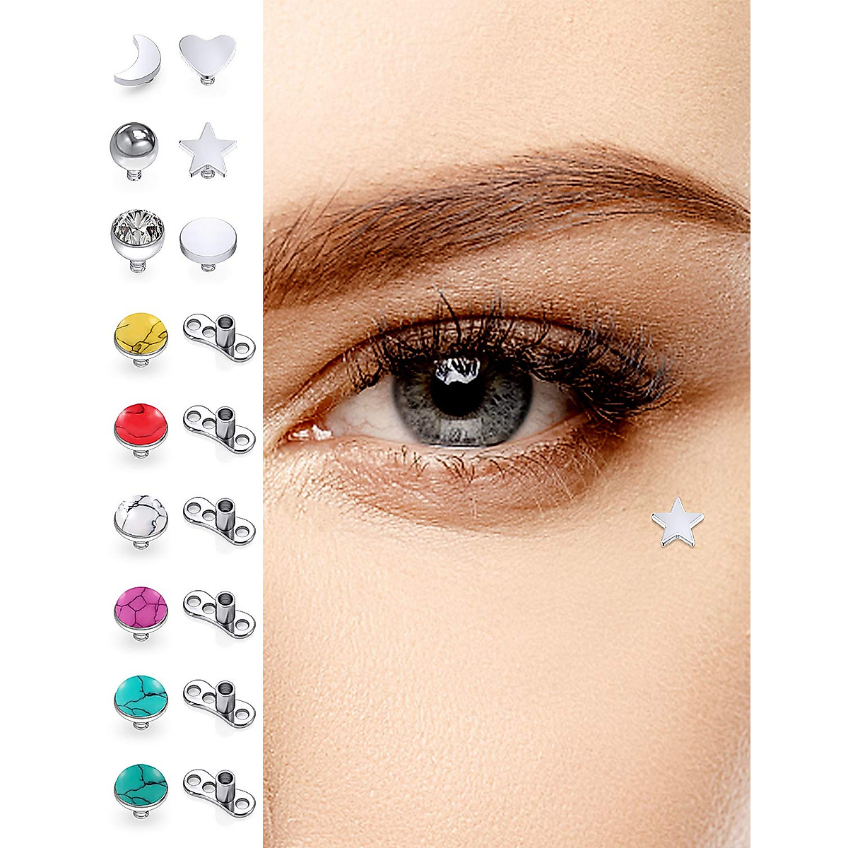 SCERRING 14G Dermal Piercing Jewelry Anchor Tops and Base Titanium Microdermals Piercing for Women Men CZ Ball Flat Moon Star Opal Heart 3mm 27PCS