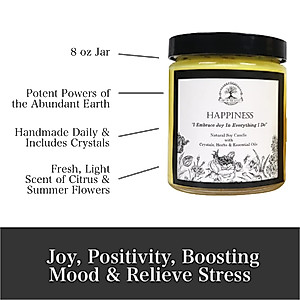 Happiness Soy Affirmation Candle by Art of The Root | Natural Soy Wax | Infused with Blue-Green Apatite Crystals | Wiccan, Pagan, Meditation & Magick | Aromatherapy, Joy, Positive Energy