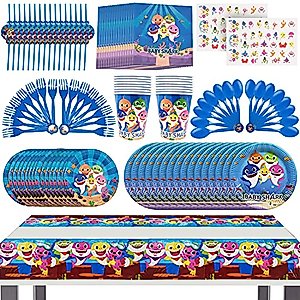 Empire Party Supply Baby Shark Theme Birthday Party Supplies and Decorations Set for Boys | 115 Pcs Disposable Blue Baby Shark Party Kit Includes Plates, Spoons, Cups, Napkins | Serves 16 Guests