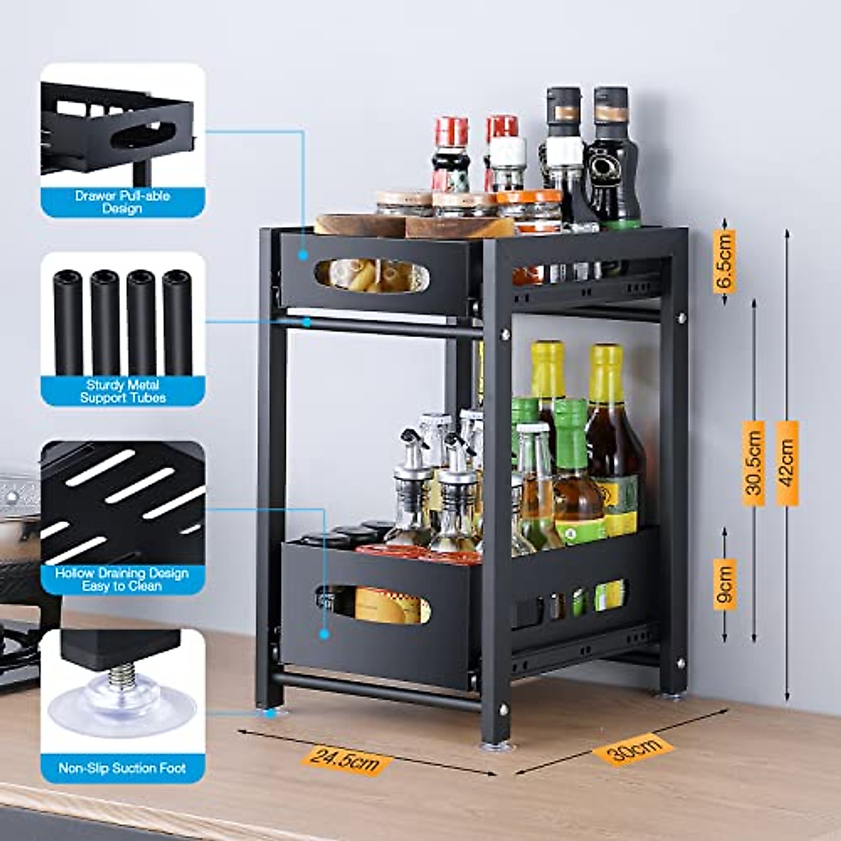 LEPO Under Sink Organizer and Storage, 2 Tier Pull Out Drawer Organizer for Kitchen Cabinets, Stainless Steel Under Sink Organizers with Sliding Basket, Double Under Sink Storage Shelf for Bathroom