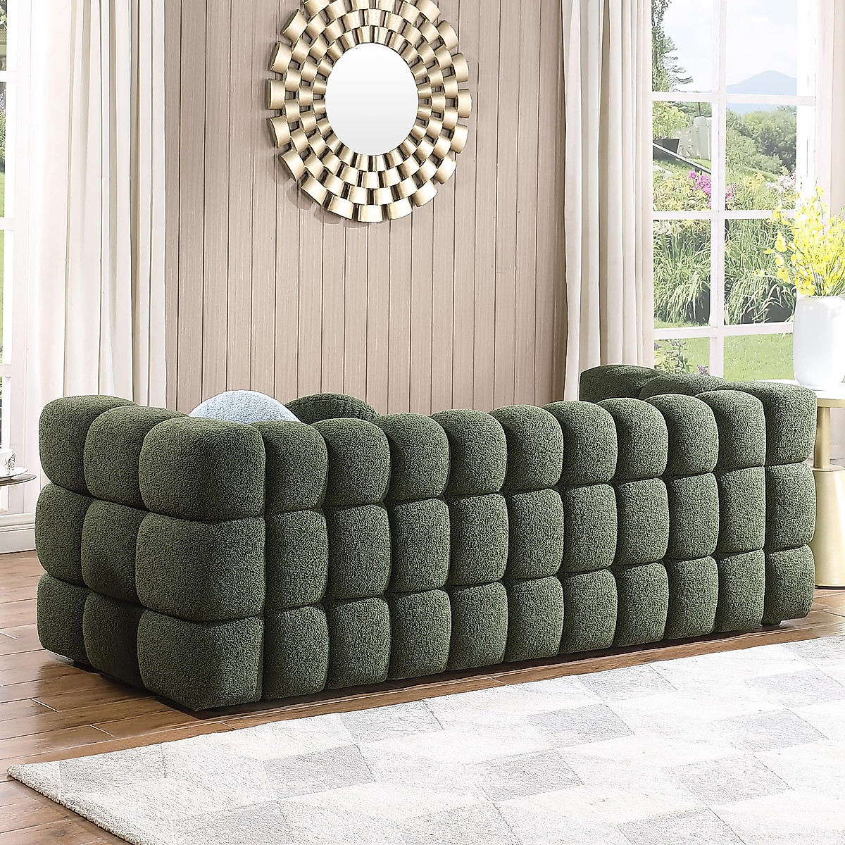 Wrofly Boucle Sofa Couch, 84.3" Comfy Upholstered Sherpa Deep Seat Cloud Couch, Cozy Modern Tufted 3 Seater Couch with 2 Pillows for Living Room Apartment Office, Olive Green
