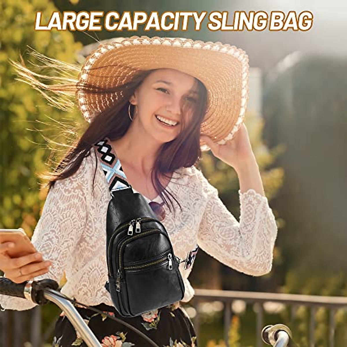 KFXFENQ Sling Bag for Women PU Leather Sling Bags for Women Crossbody Fashion Sling Backpack Multipurpose Chest Bag for Cycling (Black)