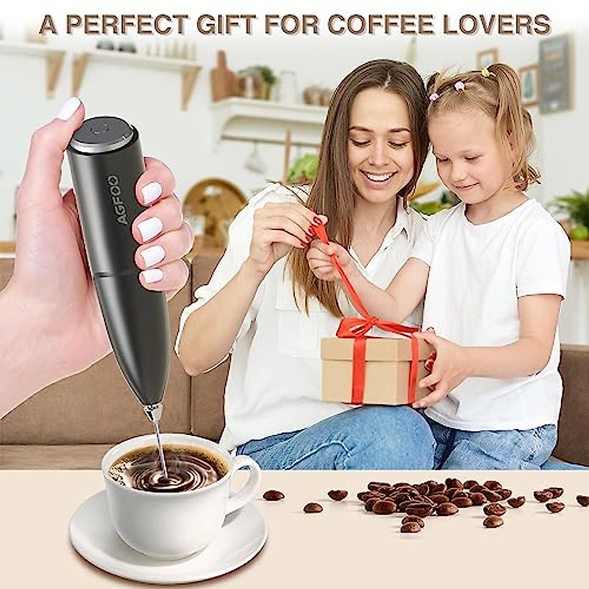 Hand Mixer Milk Frother For Coffee - AGFOO Coffee Frother Handheld Foam Maker With Stand, Electric whisk Drink Mixer Mini Foamer for Cappuccino, Frappe, Matcha, Hot Chocolate, Black