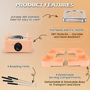 ARNVCS Indoor Smore Maker Electric, S'mores Maker Tabletop Indoor, Marshmallow Roaster Table Top with Flamesless Heater & 4 Serving Trays & 4 Skewers for Chocolate, Family Kids Fun-Peach Color