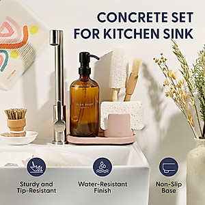 MaisoNovo Concrete Sink Sponge Holder - Kitchen Sponge Holder for Sink, Concrete Sponge and Brush Holder, Soap Dispenser, Pink Concrete Holder with Pink Oval Tray and Amber Bottle Black Pump