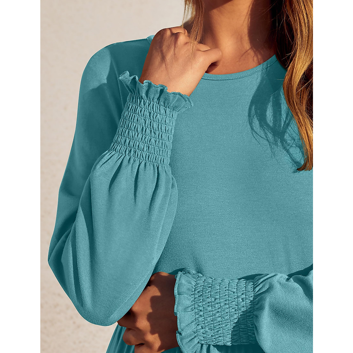 ZESICA Women's Spring Long Sleeve Dress 2025 Crewneck Casual Loose Pleated Tiered Swing Midi Dresses with Pockets,Sage,Medium