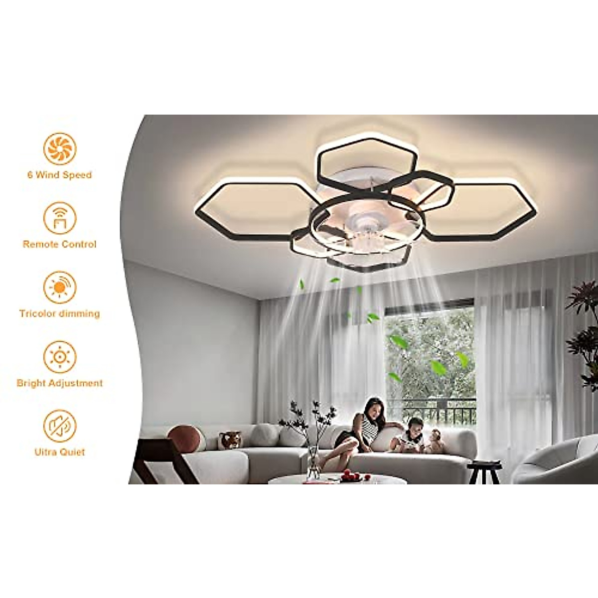 FATOLRD 41" Ceiling Fans with Lights, Modern Ceiling Fan with Dimmable LED and Remote, Bladeless Low Profile Ceiling Fan Lights Reversible Blades 6 Wind Speed Timing for Bedroom (Black)
