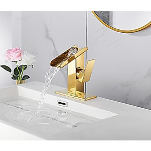Bathroom Sink Faucet Gold Single Handle 1 or 3 Hole 4 Inch Waterfall Open Spout Bathroom Faucets Modern Brass Lavatory Bath RV Vanity Sink Faucets Basin Mixer Tap with Supply Line Cover Plate