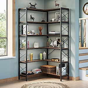 Wildhome 6-Shelf Corner Bookshelf, Vintage Industrial Corner Bookshelf Etagere Bookcase, Large Book Shelf with Metal Frame Open Storage Corner Cabinet for Living Room Home Office（Retro Brown）