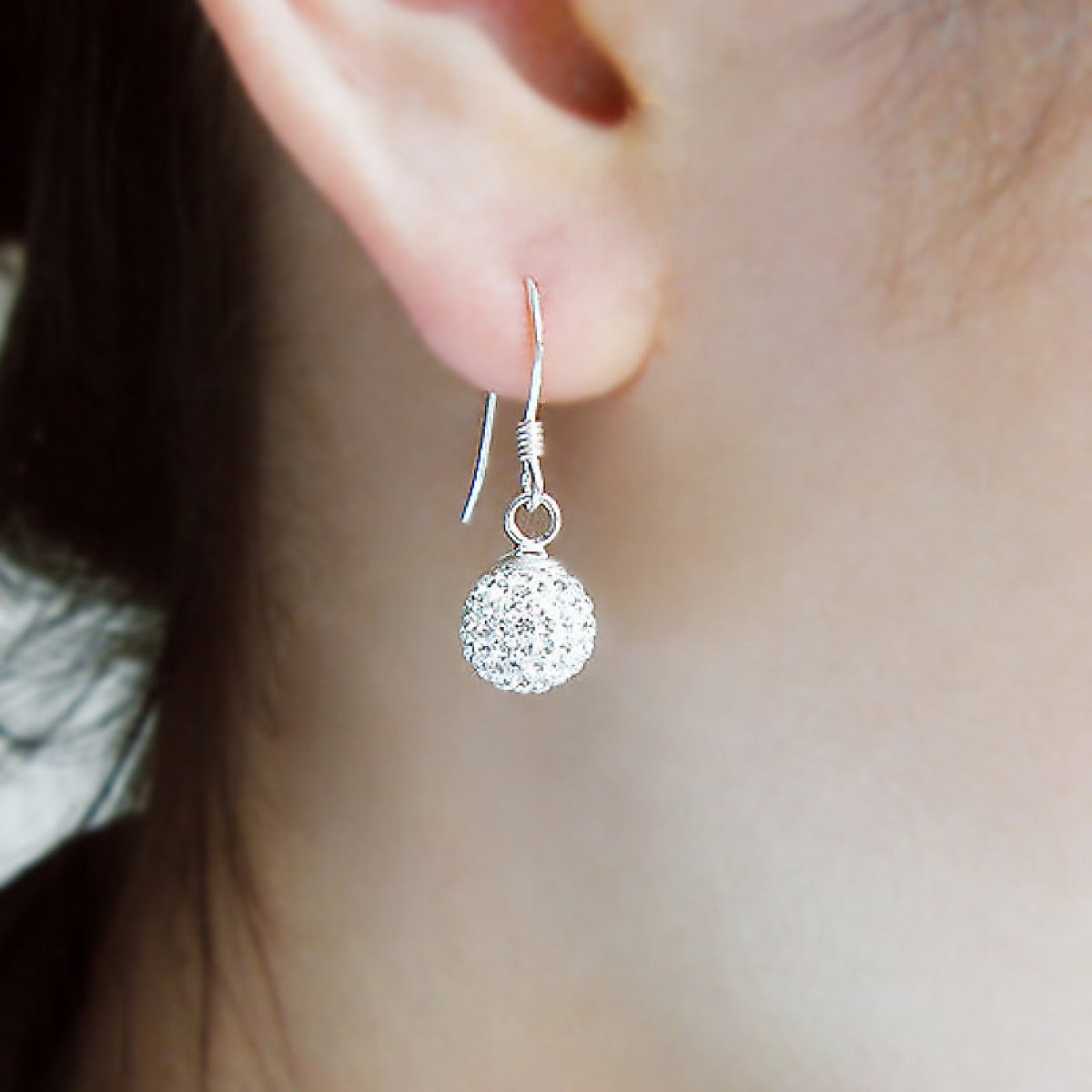 Merdia S925 Sterling Silver Simulated Crystal Ball White Ball Shaped Hook Earrings