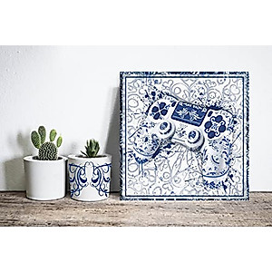 ZHAOSHOP Gaming Decor for Boys Room - Blue and White Canvas Wall Art for Bedroom - Gamer Wall Decor Ready to Hang 14" x 14"