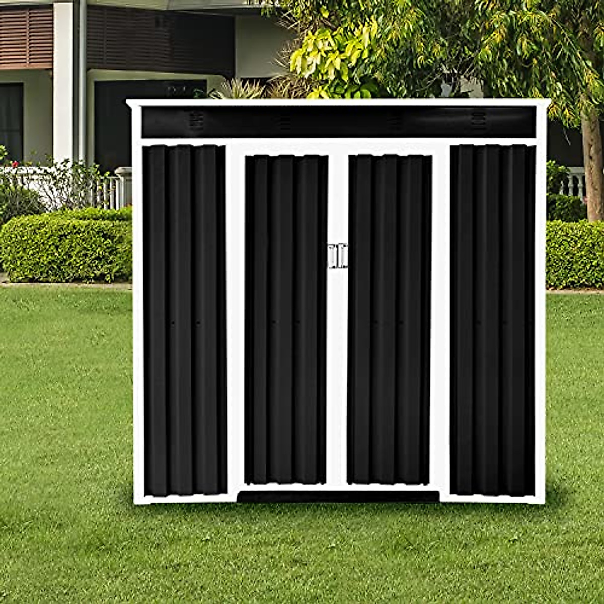 Oakmont Outdoor 4×6 FT Storage Shed Walk-in Garden Tool House with Double Sliding Doors, Steel Cabin Yard Lawn (Grey)