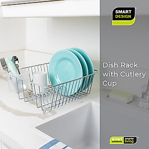 Smart Design Dish Drainer Rack - Small - in Sink or Counter Drying - Steel Metal Wire - Cutlery, Plates, Dishes, Cups, Silverware Organization - Kitchen (Silver - 14 x 5.5 Inch)