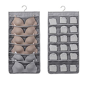 LSHDXD Closet Hanging Bra Organizer with Rotating Metal Hanger，Dual Sided Mesh Pockets Storage Bag，Hanging Wall Shelf Wardrobe Organizer for Bra Underwear Underpants Socks (6+18 Pockets)