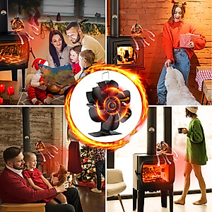 Hanaoyo Wood Stove Fan, 6 Blades Wood Stove Fan Heat Powered, Fireplace Fan with Magnetic Thermometer, Wood Stove Accessories, Non Electric Fan for Wood/Log Burner Stove
