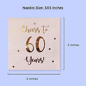 Cheers to 60 Years Cocktail Napkins | Happy 60th Birthday Decorations for Men and Women and Wedding Anniversary Party Decorations | 50-Pack 3-Ply Napkins | 5 x 5 inch folded (Pink)