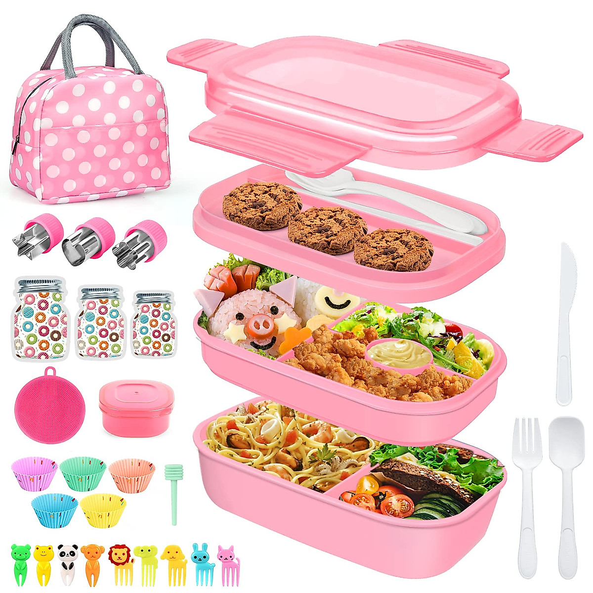 LEITAO 29 Packs Bento Box Kids Adult Lunch Box 1900ML 3 Layer Stackable Lunch Box with Lunch Bag, Multiple Compartments Bento Box With Built-in Utensil Set, DIY Accessories, Bags (Pink)