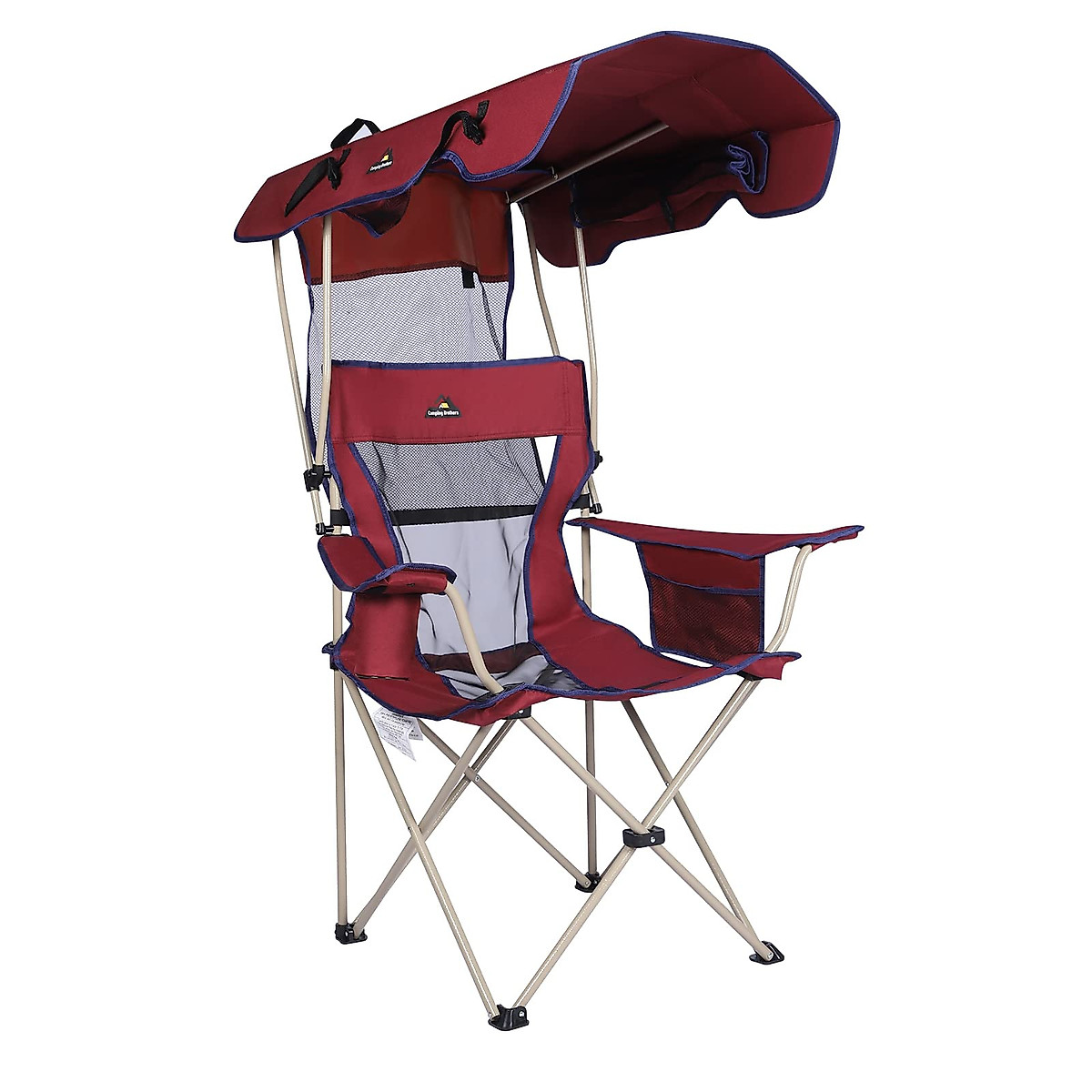 Camping Brothers Camping Chair with Shade Canopy - Outdoor Folding Patio Chair - Includes Retractable Sun Shade, Cup Holder, Side Pockets (Maroon)