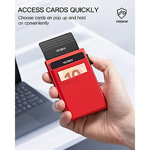 YESIIW Pop up Slim Card Holder RFID Blocking with Money Pocket Minimalist Card Wallet for Women and Men Aluminum Metal Credit Card Case for Cards and Notes and Coins Red