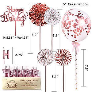 IEALODS Cake Topper Decoration with Happy Birthday Candles, Acrylic, Confetti Balloon and Paper Fans for Rose Gold Theme Birthday Party Décor