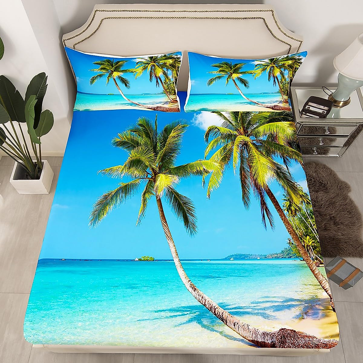 Ocean Beach Fitted Sheet Full Size, Hawaiin Palm Tree Bed Sheets Sets, Summer Coastal Sheets, Tropical Vacation Style Bedding Set, Blue Sea Wave Top Sheet 3Pcs with 2 Pillow Cases Deep Pocket