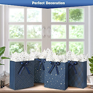 KomoLeay 4 Pack 9" Medium Size Gift Bags Assorted Premium Blue Gift Bags with Tissue Paper Use for Birthdays, Baby Shower,weddings,Party Favor, Holiday Presents-7" X 4" X 9"
