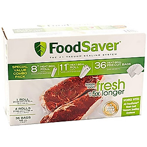 FoodSaver B005SIQKR6 Special Value Vacuum Seal Combo Pack 1-8" 4-11" Rolls 36 Pre-Cut Bags, 1Pack, Clear